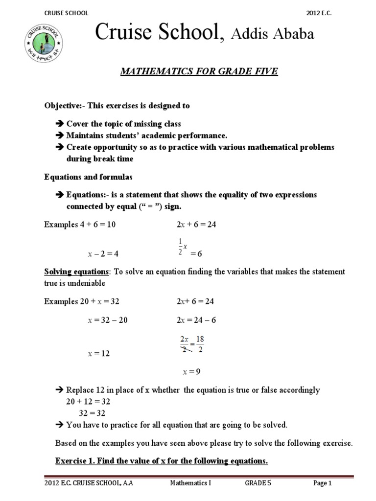 Mathematics For Grade 5 Download Free Pdf Area Equations