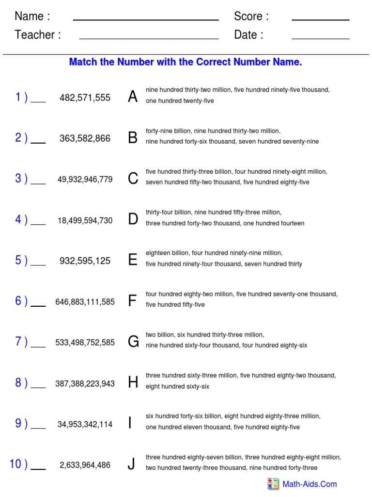 Place Word Names Number Match Billions | PDF