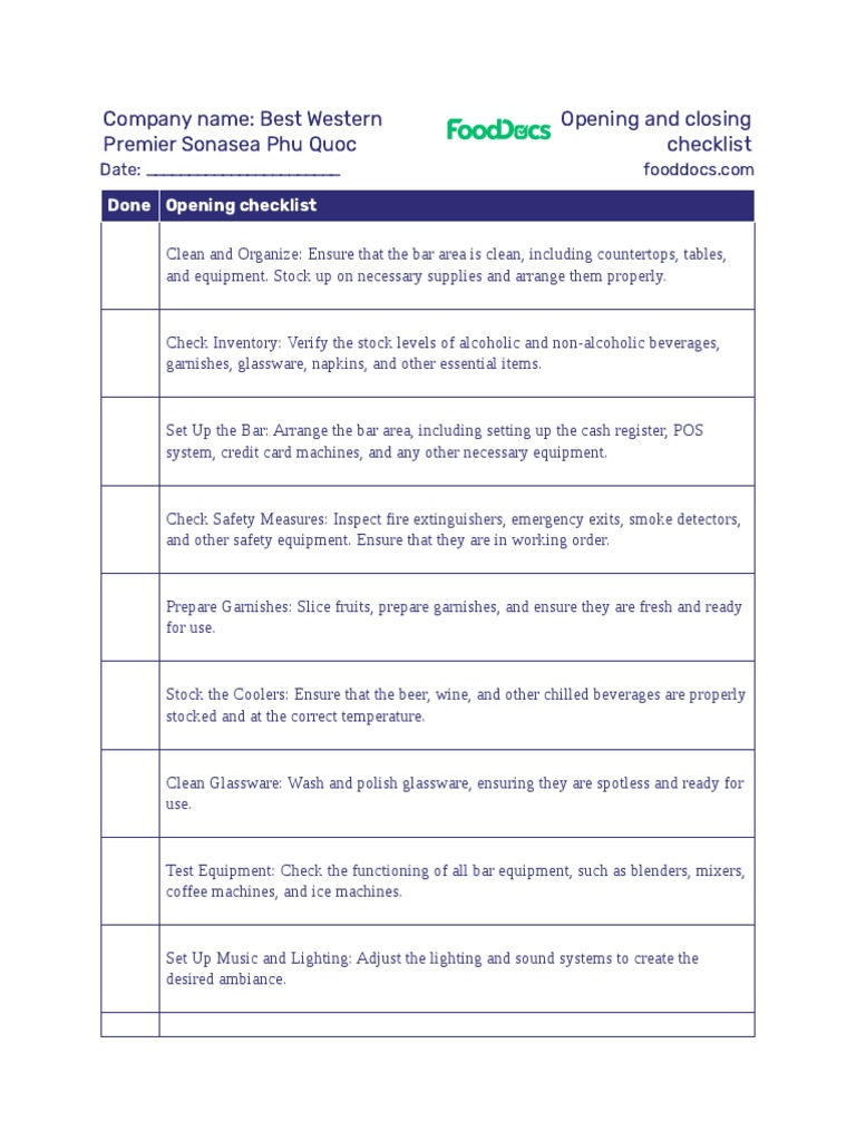 Fooddocs - Opening and Closing Checklist | PDF | Drink