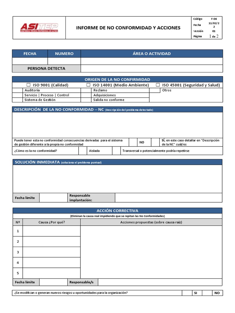 F 06 Informe De No Conformidad Y Acciones V06 Pdf