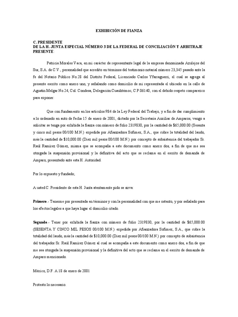 Formato de Exhibicin de Fianza | PDF