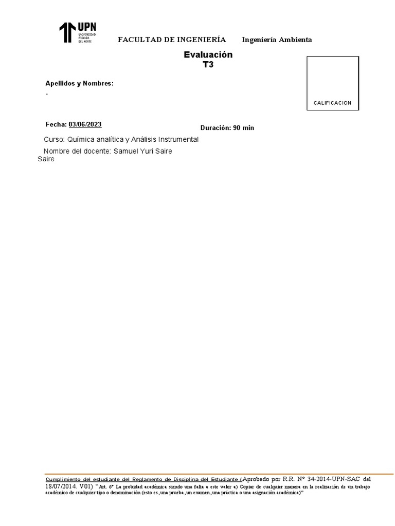 Evaluacion T3 Quimica Analitica - 2023-1 | PDF | Redox | Sustancias químicas