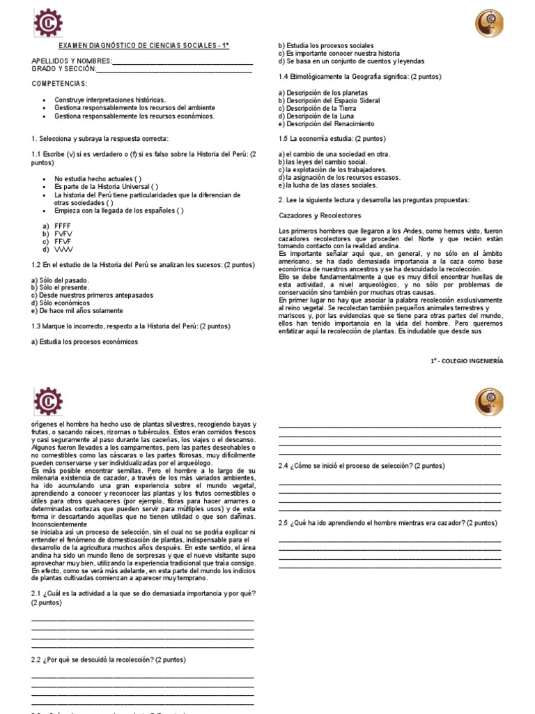 Examen Diagnostico 1° CCSS | PDF