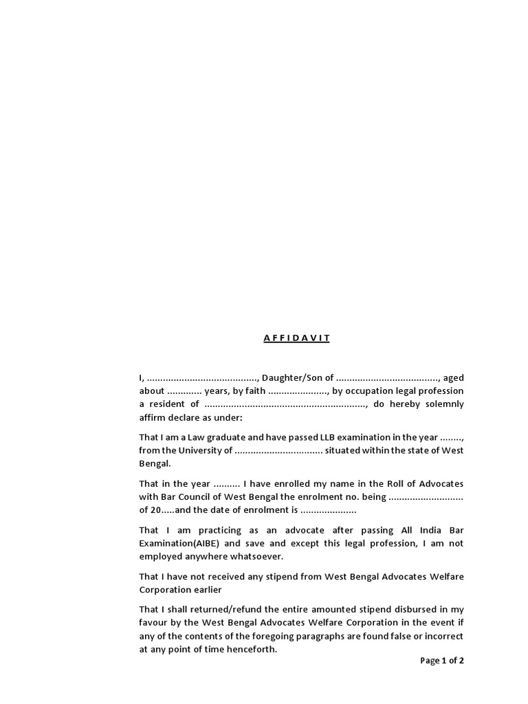 A F F I D A V I T For Stipend at Bar Council of West Bengal | PDF