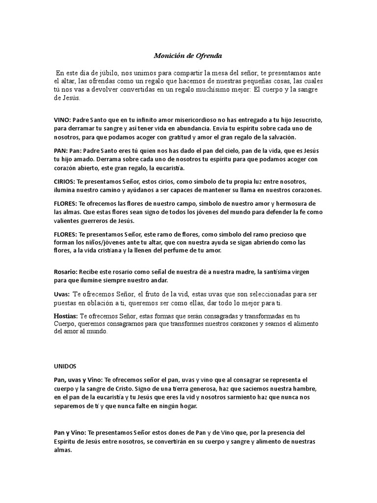 Monición de Ofrendas | PDF | eucaristía