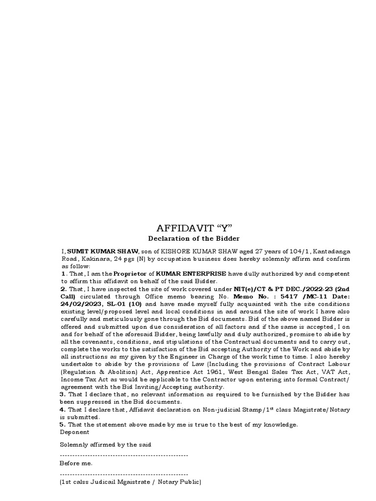 AFFIDAVIT "Y" Declaration of The Bidder | PDF | Social Science