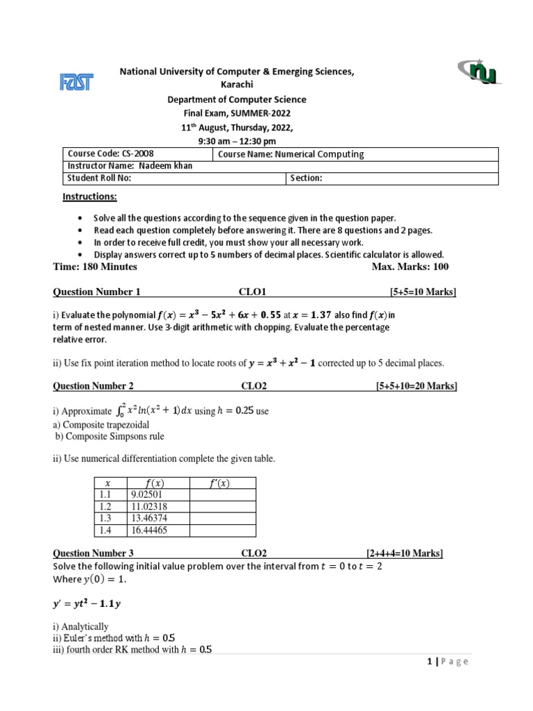 Numerical Computing Final Exam Summer Pdf Eigenvalues And Eigenvectors Computational Science 