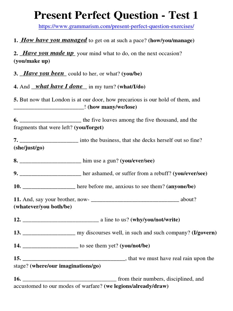 Grammarism Present Perfect Question Test | PDF