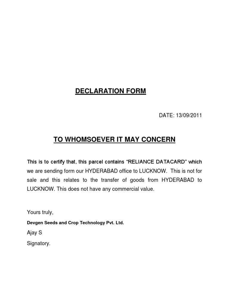 Declaration Form: Devgen Seeds and Crop Technology Pvt. LTD | PDF