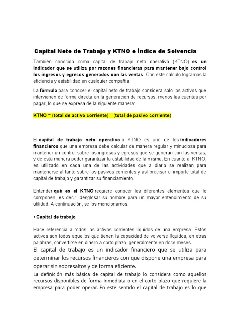 Capital Neto de Trabajo y KTNO e Índice de Solvencia | Descargar gratis PDF | Capital de trabajo ...