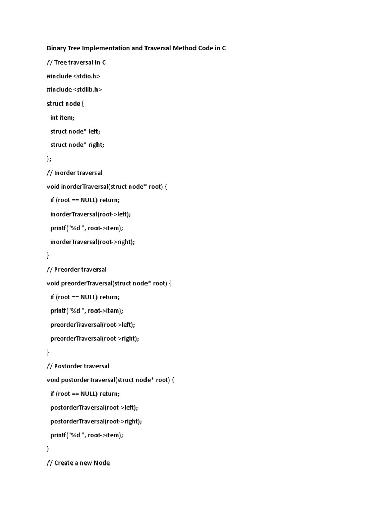 Binary Tree Implementation and Traversal Method Code in C | PDF