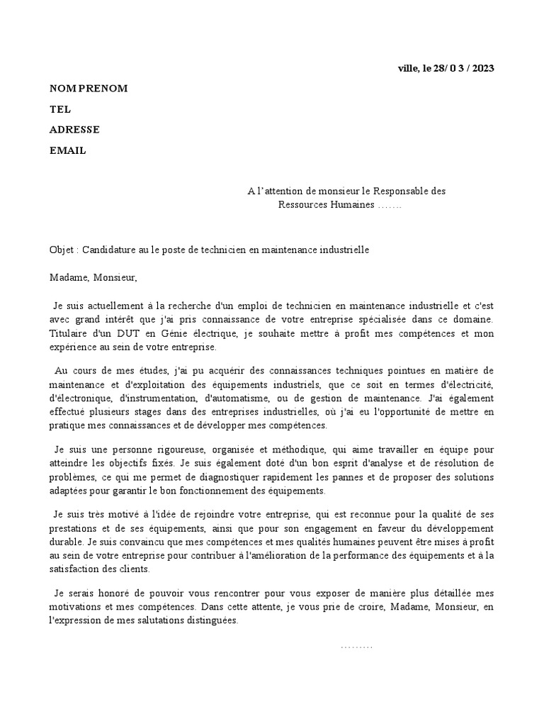 Candidature Technicien Maintenance Ind. | PDF