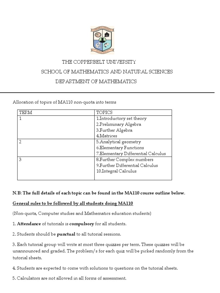 MA 110 Course Outline | PDF