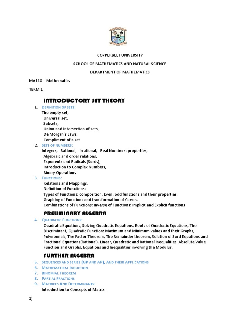 Ma110 Course Outline 1 1 | PDF | Function (Mathematics) | Complex Number