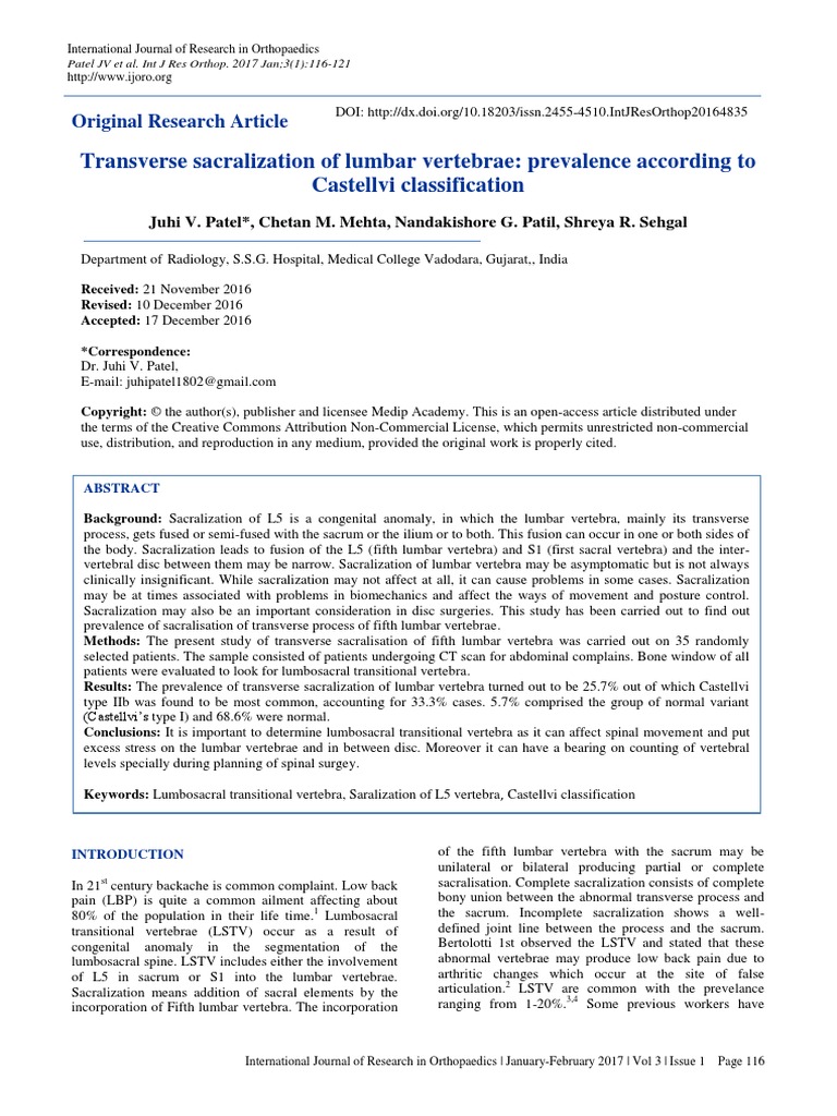 Transverse sacralization of lumbar vertebrae prevalence according to ...