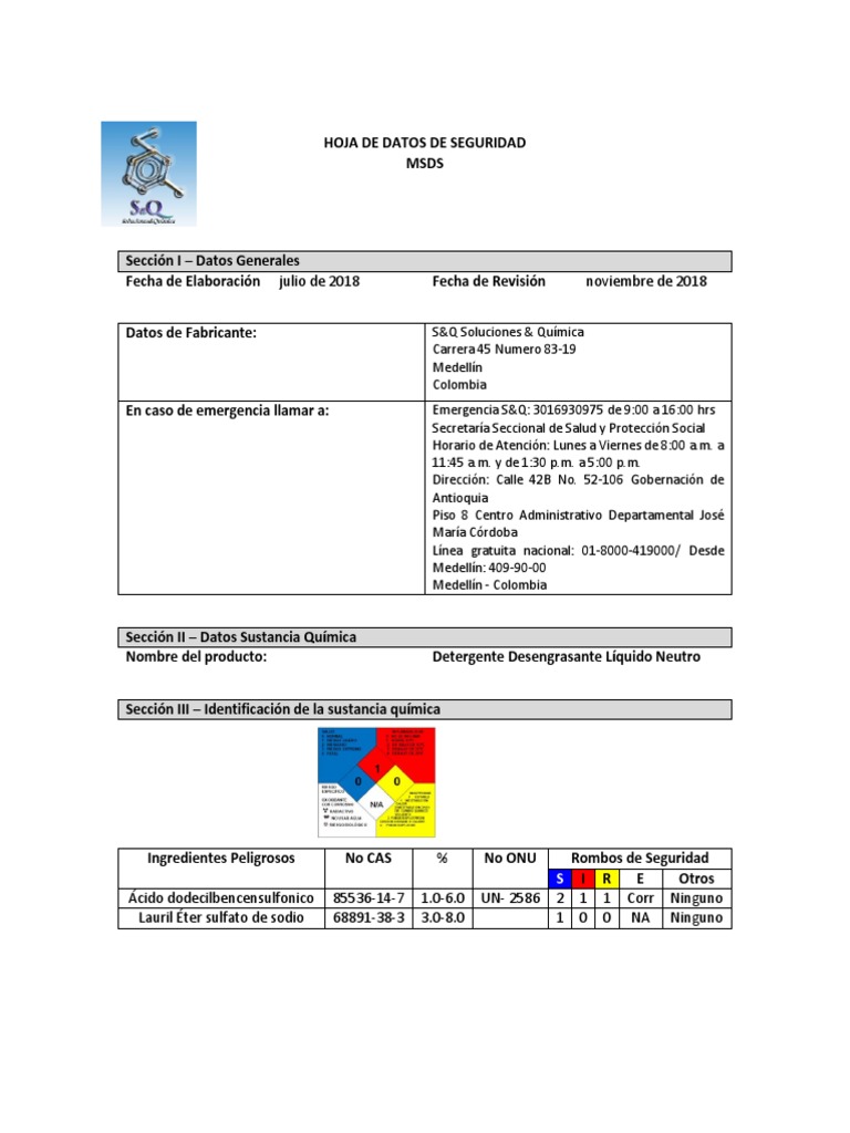 MSDS DETERGENTE NEUTRO.docx | PDF | Sodio | Agua
