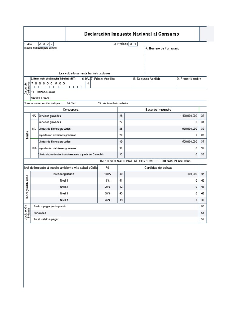 Formulario 310 Impuesto Nacional Al Consumo | PDF