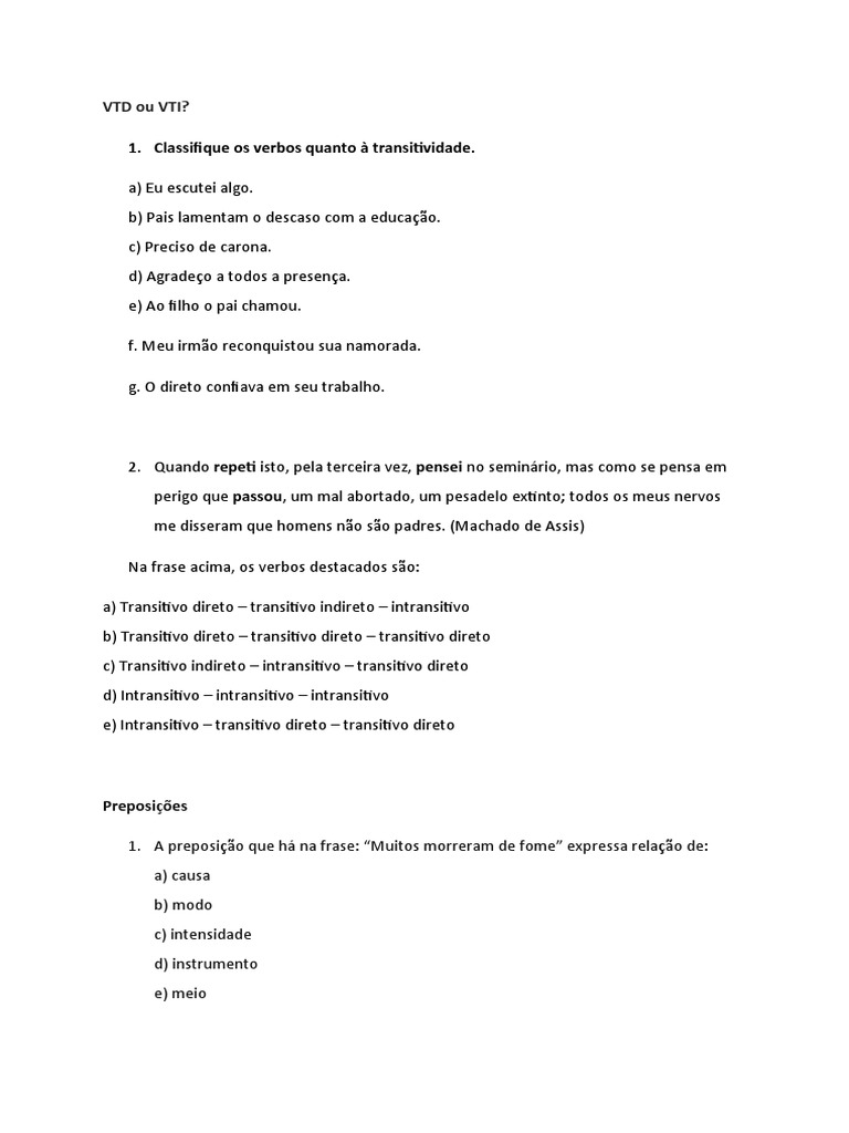7 Ano Verbos Transitivos Intransitivos E Preposições Pdf