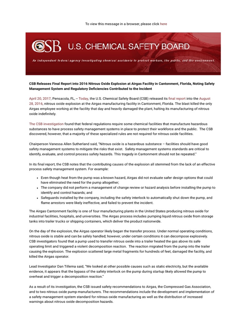 Csb Releases Final Report Into 2016 Nitrous Oxide Explosion Pdf