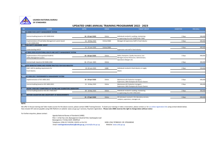 Updated Unbs Training Calendar Fy 2022 - 2023 | PDF | Economies | Safety