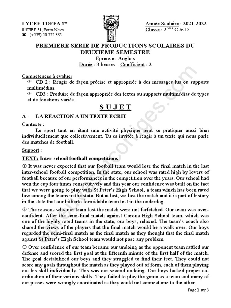 1er Devoir Du 2ème Semestre Anglais 2nde C-D 2021-2022 Lycee Toffa 1er | PDF