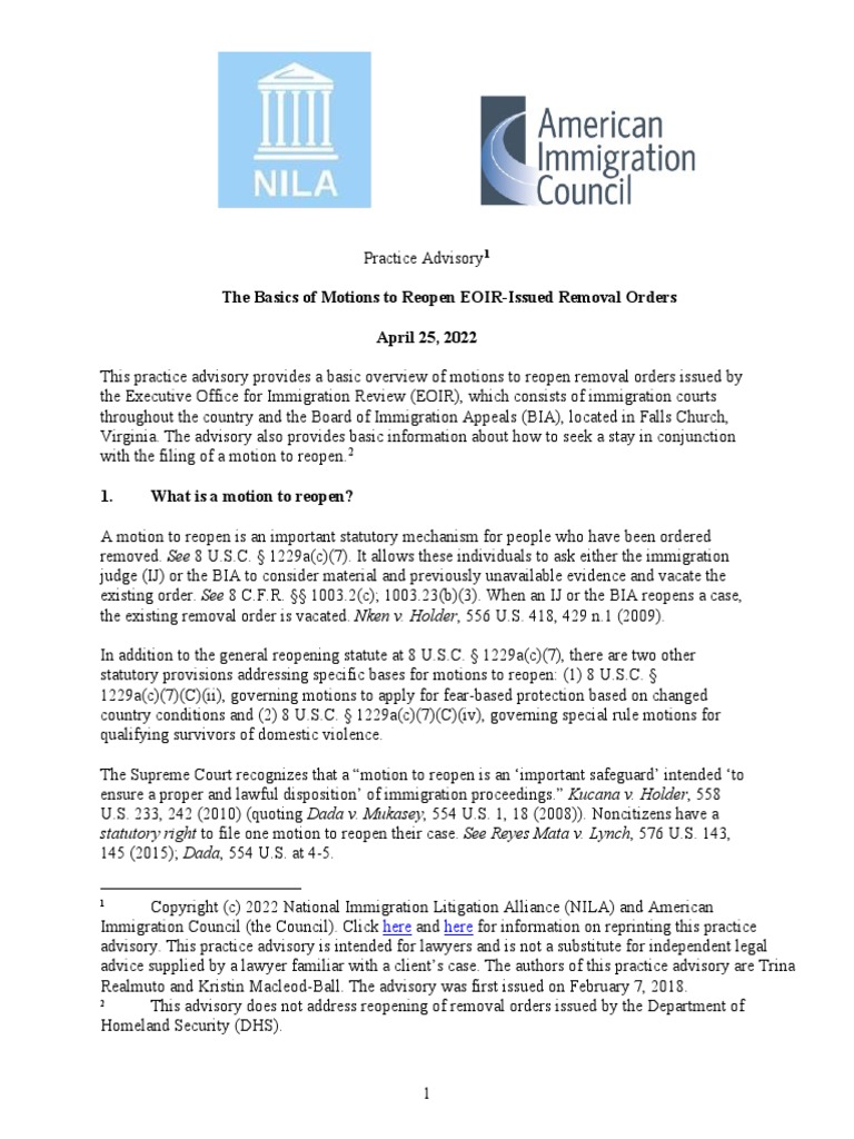 The Basics of Motions To Reopen Eoir-Issued Removal Orders Practice Advisory 0 | PDF | Removal ...