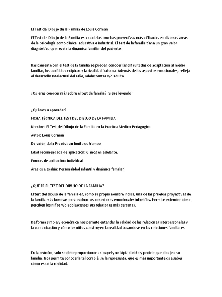 El Test Del Dibujo de La Familia de Louis Corman | PDF | Sicología | Dibujo