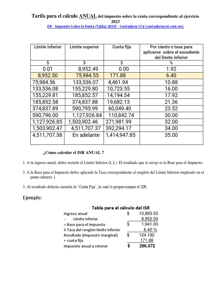Calculo ISR - Anual - 2023 | PDF | Impuesto sobre la renta | Economias