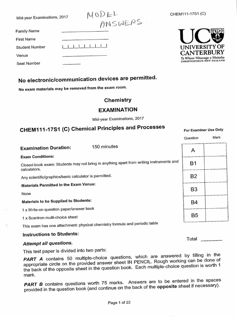 CHEM 111 2017-S1 Exam With Answers | PDF