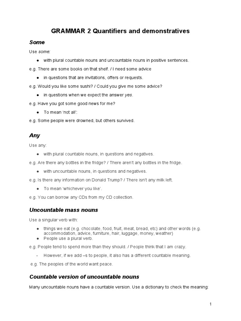 Grammar 2 Quantifiers and Demonstratives | PDF