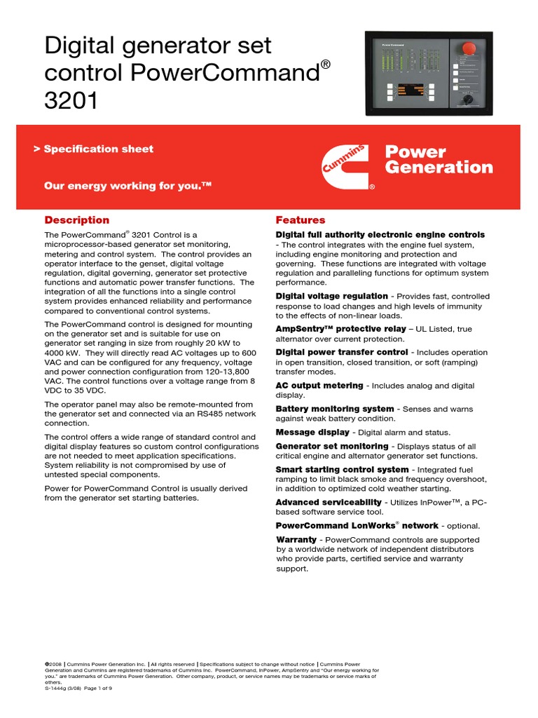 Digital Generator Set Control Powercommand 3201: Description Features | PDF