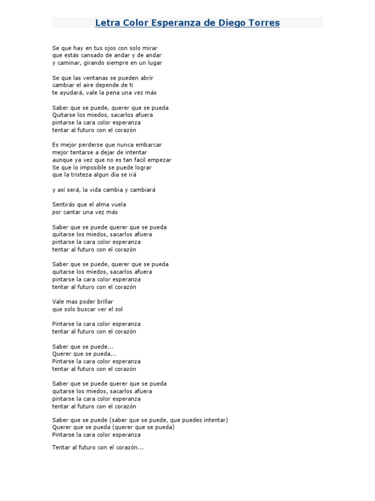 Letra Color Esperanza de Diego Torres | PDF