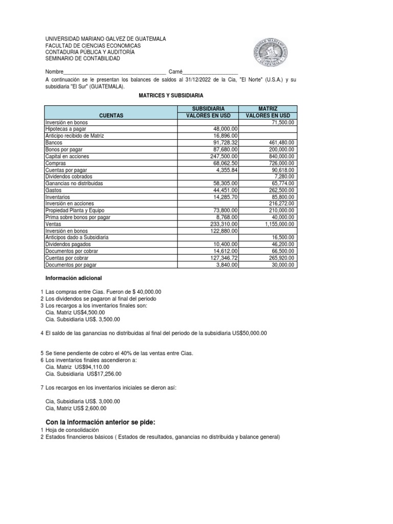 Caso Matrices y Subsidiaria | PDF