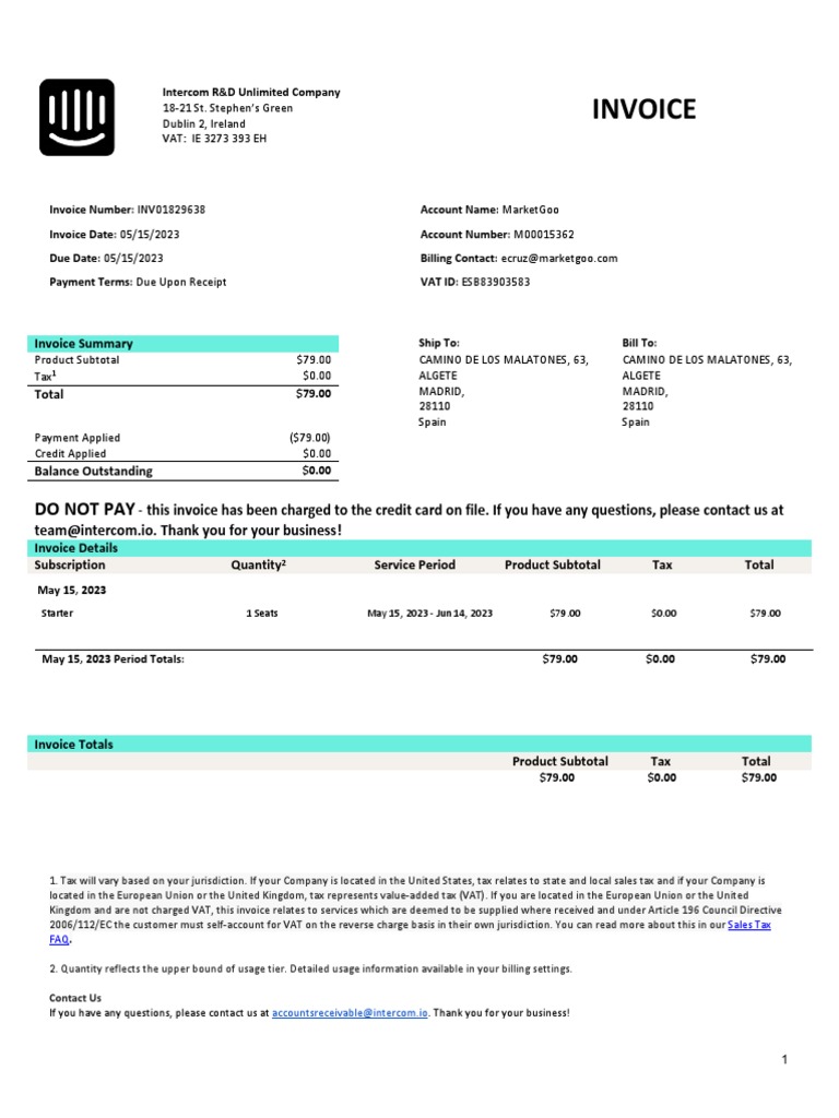 Intercom Invoice 2023 05 15 INV01829638 | PDF | Invoice | Value Added Tax