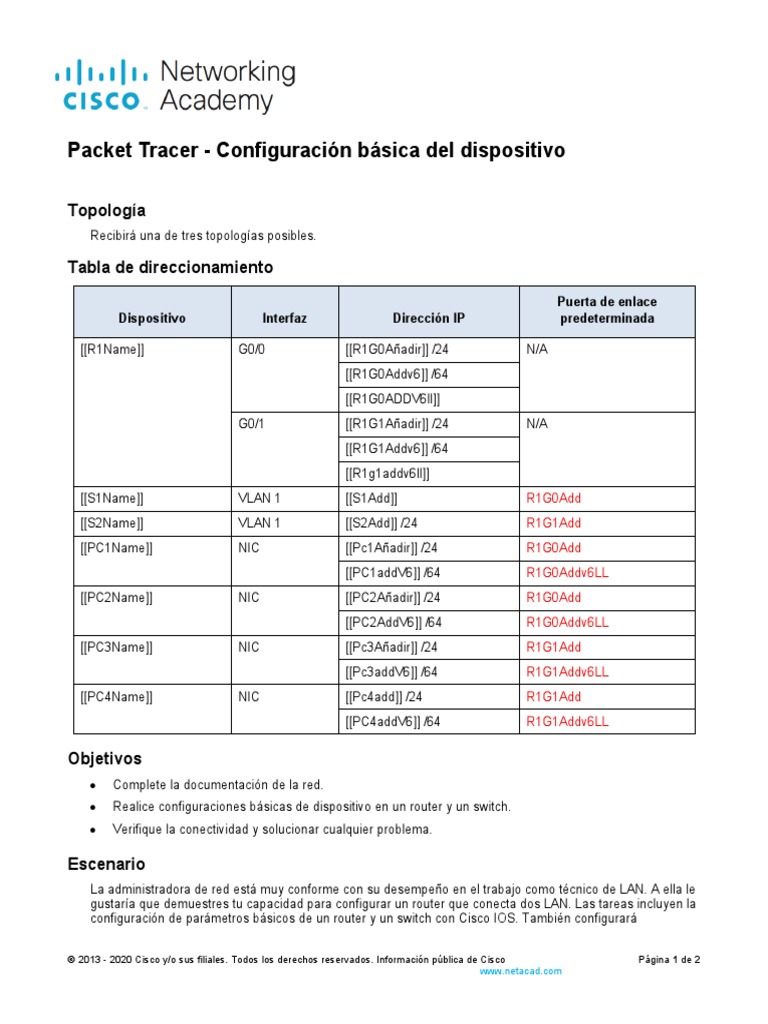 10.4.3 Packet Tracer - Basic Device Configuration | PDF | Yo Pv6 | Protocolos de internet
