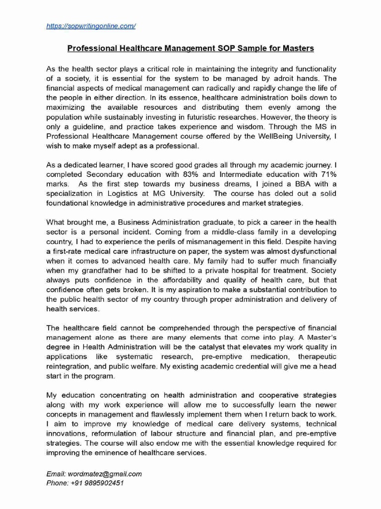 Professional Healthcare Management SOP Sample For MS PDF | PDF