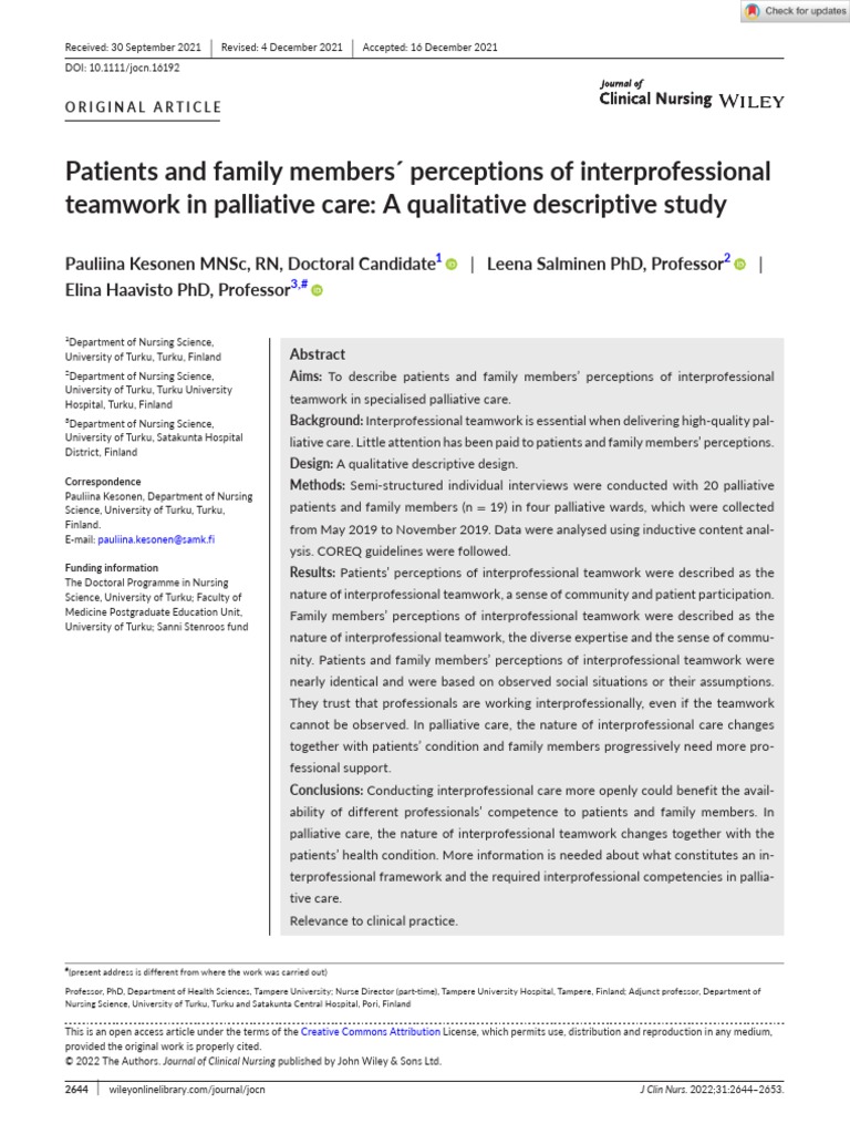 Journal of Clinical Nursing - 2022 - Kesonen - Patients and Family Members Perceptions of ...