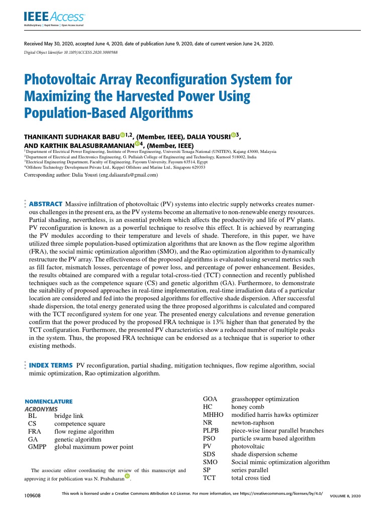 Photovoltaic Array Reconfiguration System For Maximizing The Harvested Power Using Population