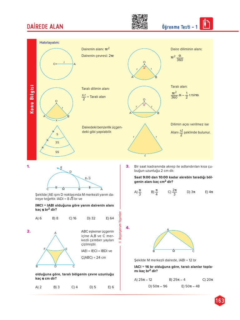 Başarıyorum Tyt Ayt Geometri Dairede Alan Tanıtım Örnek PDF | PDF