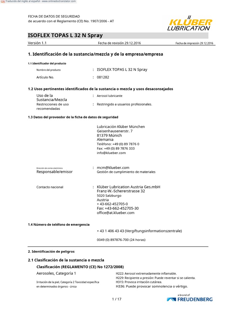 SDS ISOFLEX TOPAS L 32 N Spray 081282 AT EN - En.es | PDF