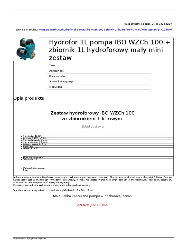 Hydrofor 1l Pompa Ibo WZCH 100 Zbiornik 1l Hydroforowy Maly Mini Zestaw | PDF