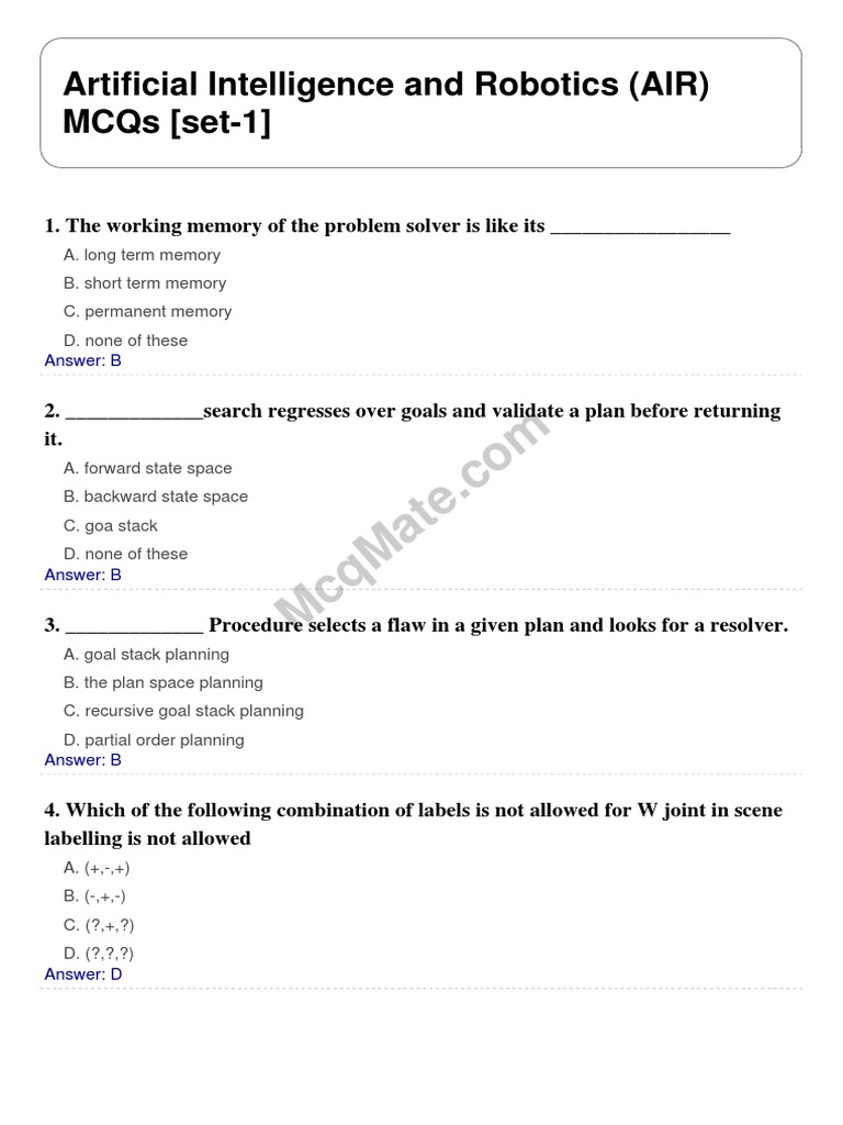 Artificial Intelligence and Robotics (AIR) Solved MCQs (Set-1) | PDF