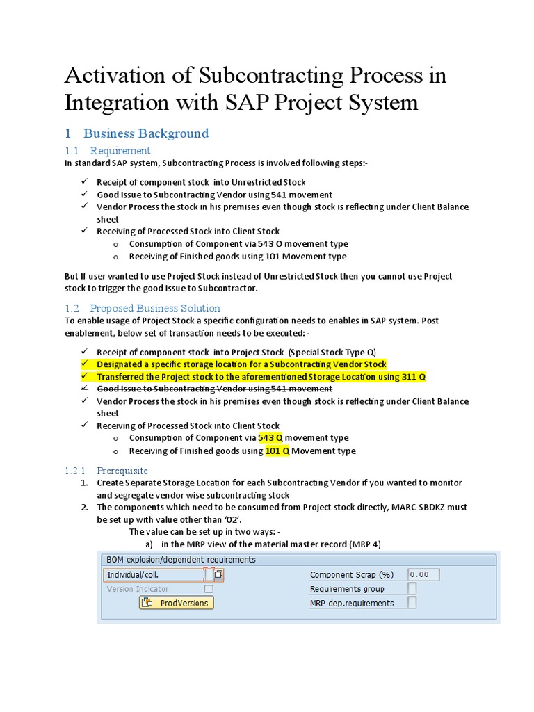 Activation of Subcontracting Process in Integration With SAP Project System | PDF | Business ...