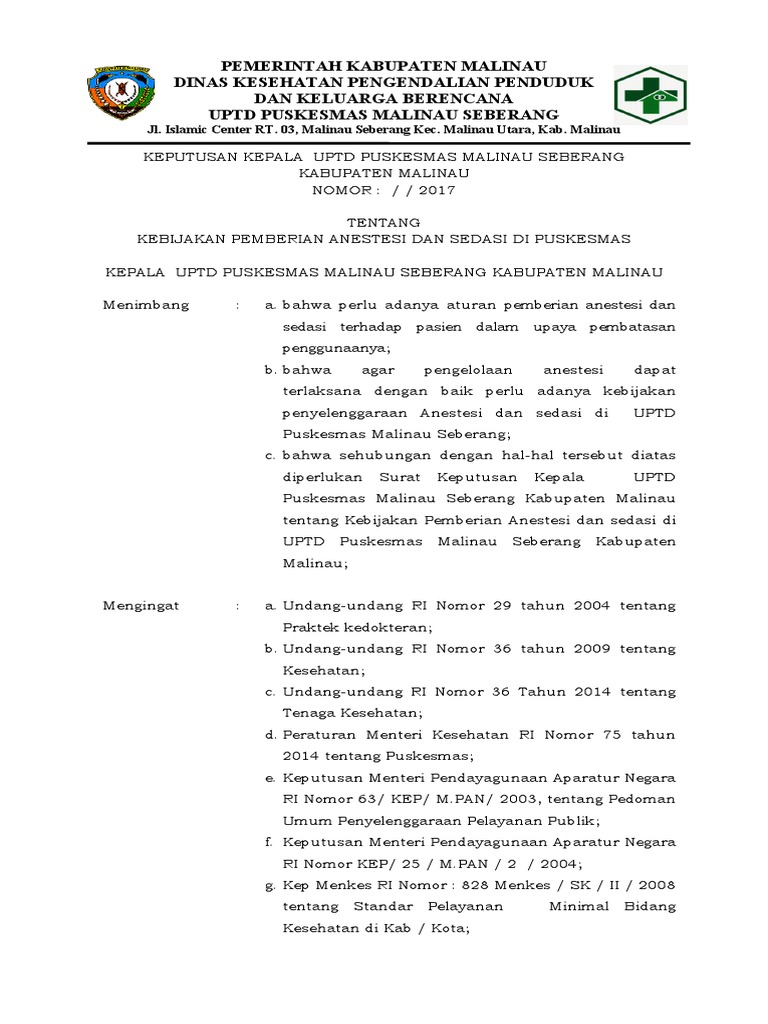 SK Tentang Kebijakan Pemberian Anastesi Dan Sedasi Di Puskesmas | PDF