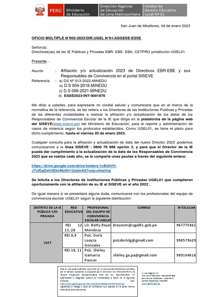 Oficio Multiple #002 2023 DIR UGEL01 ASGESE ESSE 11 01 2023 | PDF