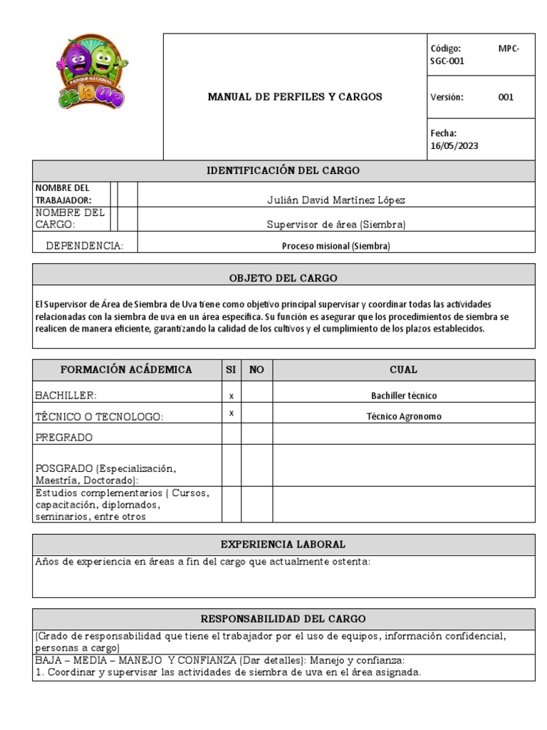 Manual de Perfiles y Cargos para Imprimir | PDF | Siembra | Factores ...