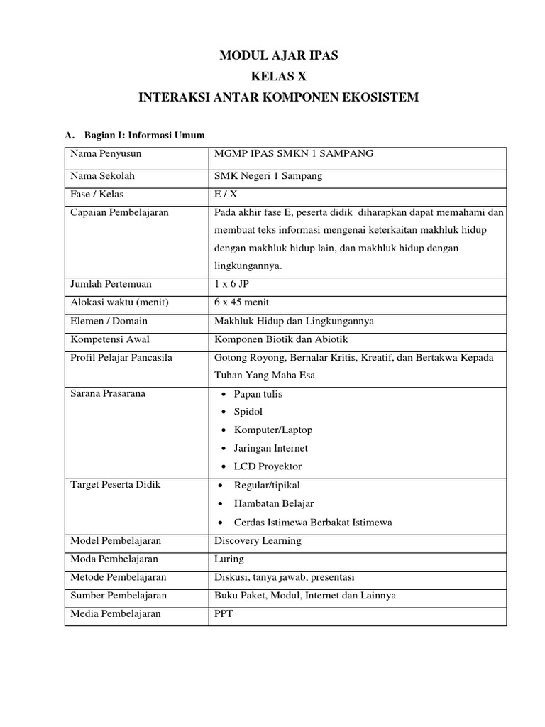 Modul Ajar Interaksi Antar Komponen Ekosistem | PDF | Sains & Matematika
