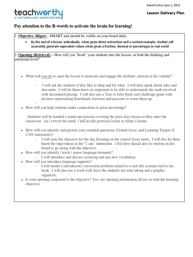 Lesson Delivery Plan: 1. Objective (Rigor) - SMART and Should Be ...