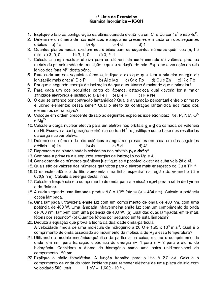 Lista Exerc Estrutura (Cap 1) | PDF | Elétron | Fóton