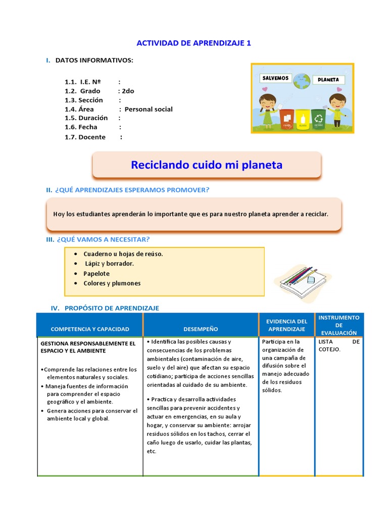 D1 A2 SESION PS. Reciclando Cuido Mi Planeta | PDF | Reciclaje | Residuos